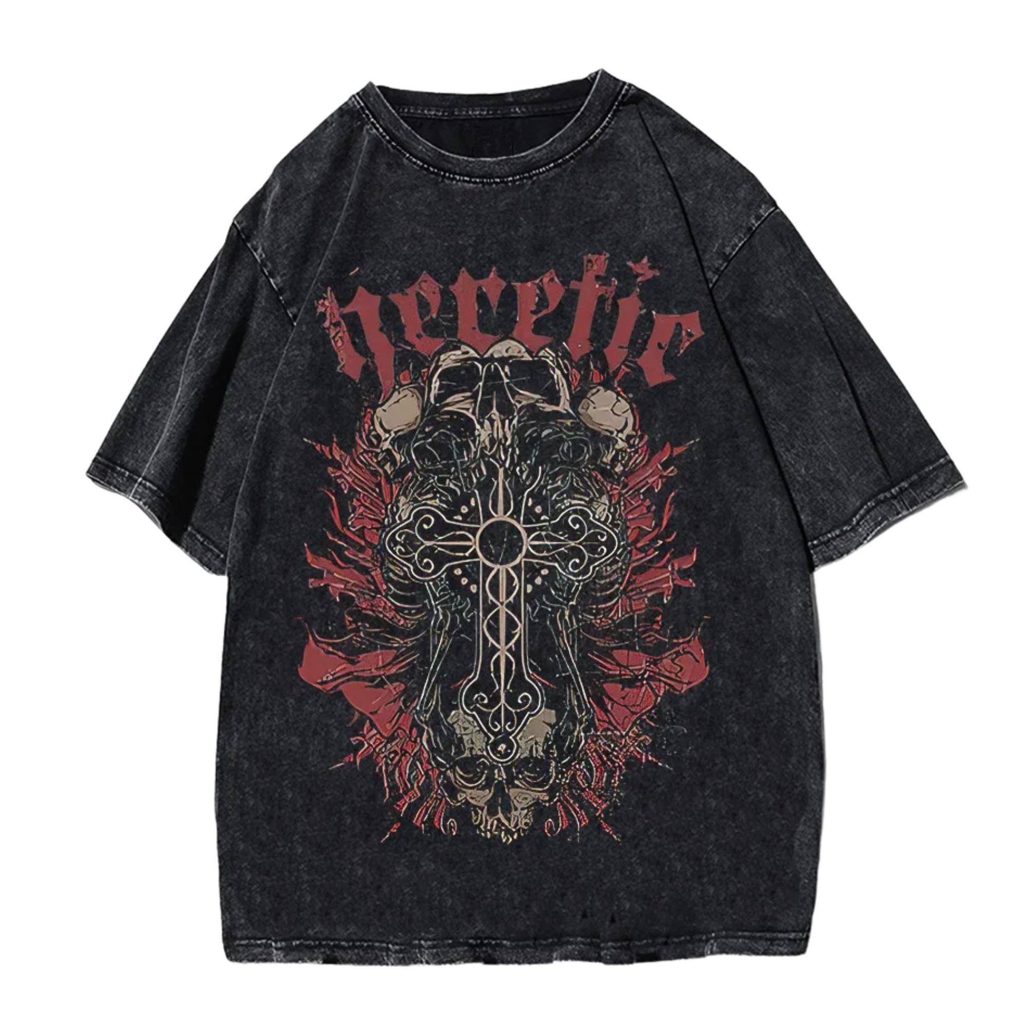 Dark Grunge Goth Skull Print Vintage 90s Oversized Shirt, Washed Skull ...