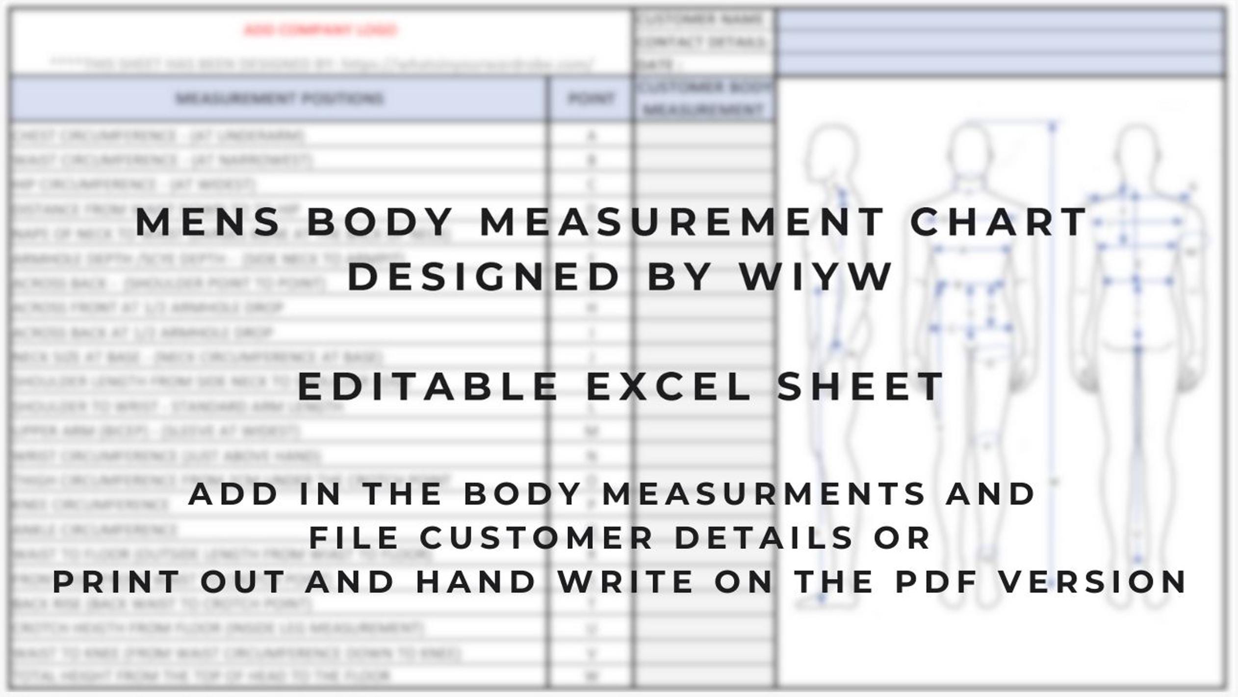 Men's Body Measurement Chart/ Template for Personal or Professional Use ...