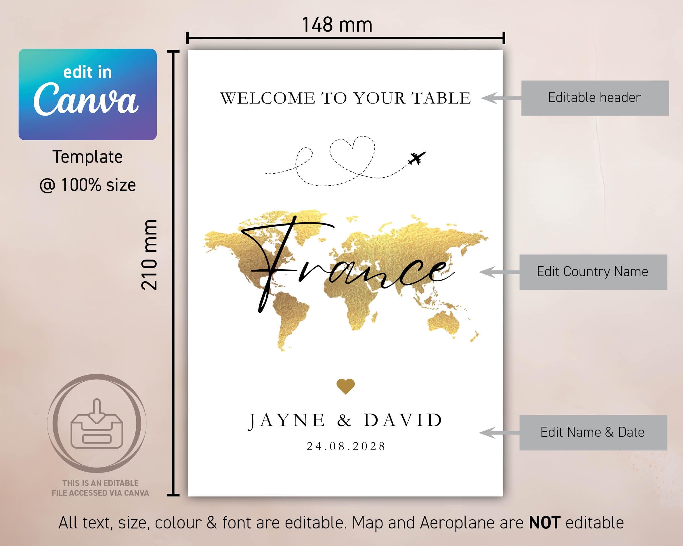 Editable Travel Theme Table Names Template, Gold World Map Table ...