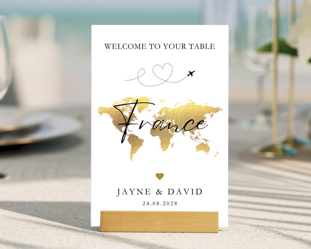 Editable Travel Theme Table Names Template, Gold World Map Table ...