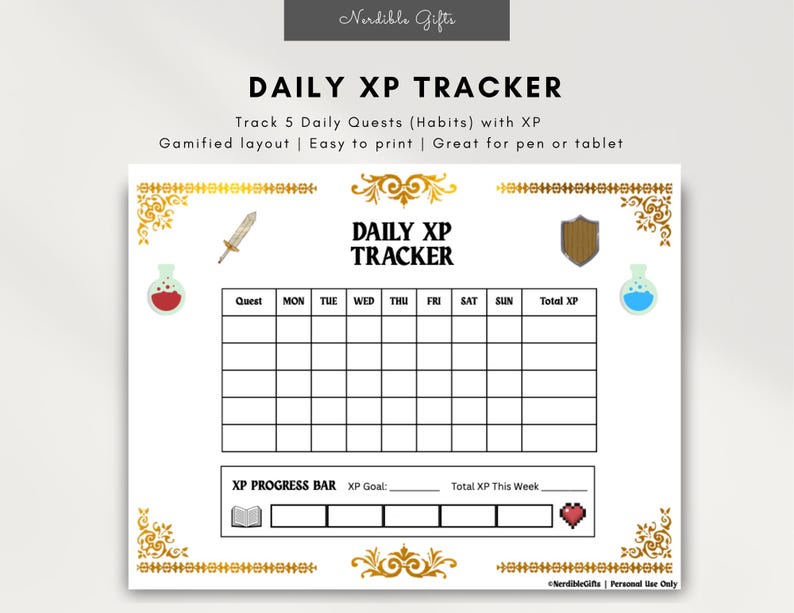 Daily XP Tracker | Printable RPG Habit Tracker | Gamified Productivity ...