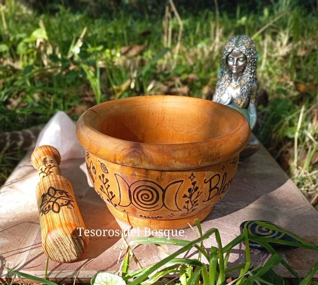 Pyrography Wooden Artisan Mortar. Wicca Altar of the Triple Pagan ...