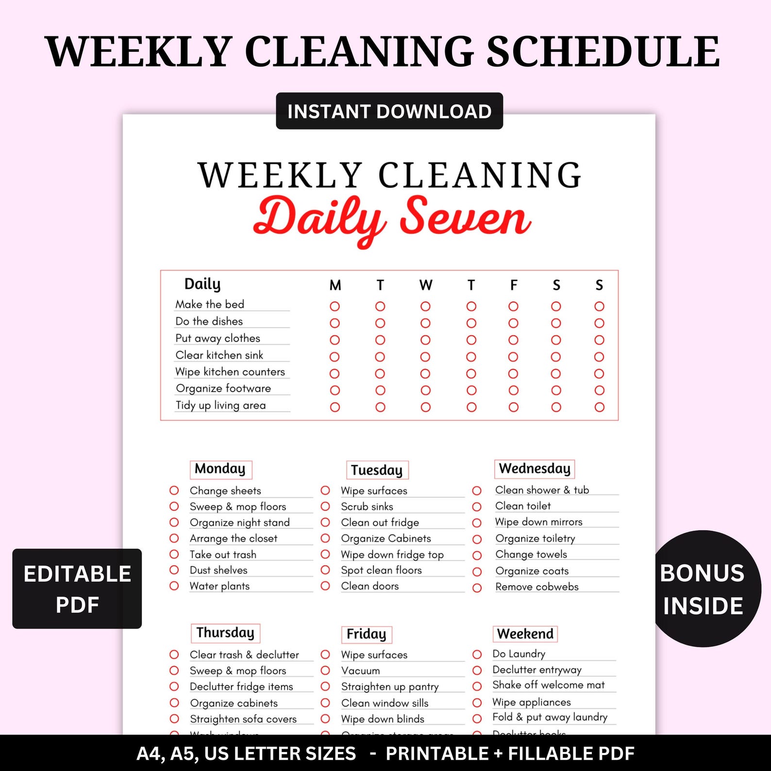 Editable Daily SEVEN Cleaning Planner, Weekly Cleaning Schedule, Chore ...