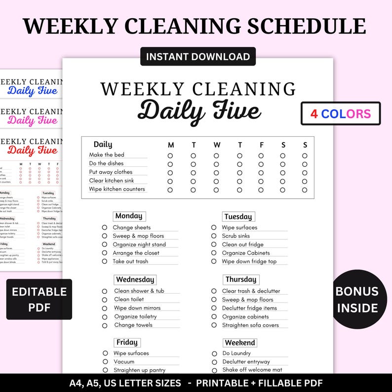 Editable Daily FIVE Cleaning Planner, Weekly Cleaning Schedule, Chore ...