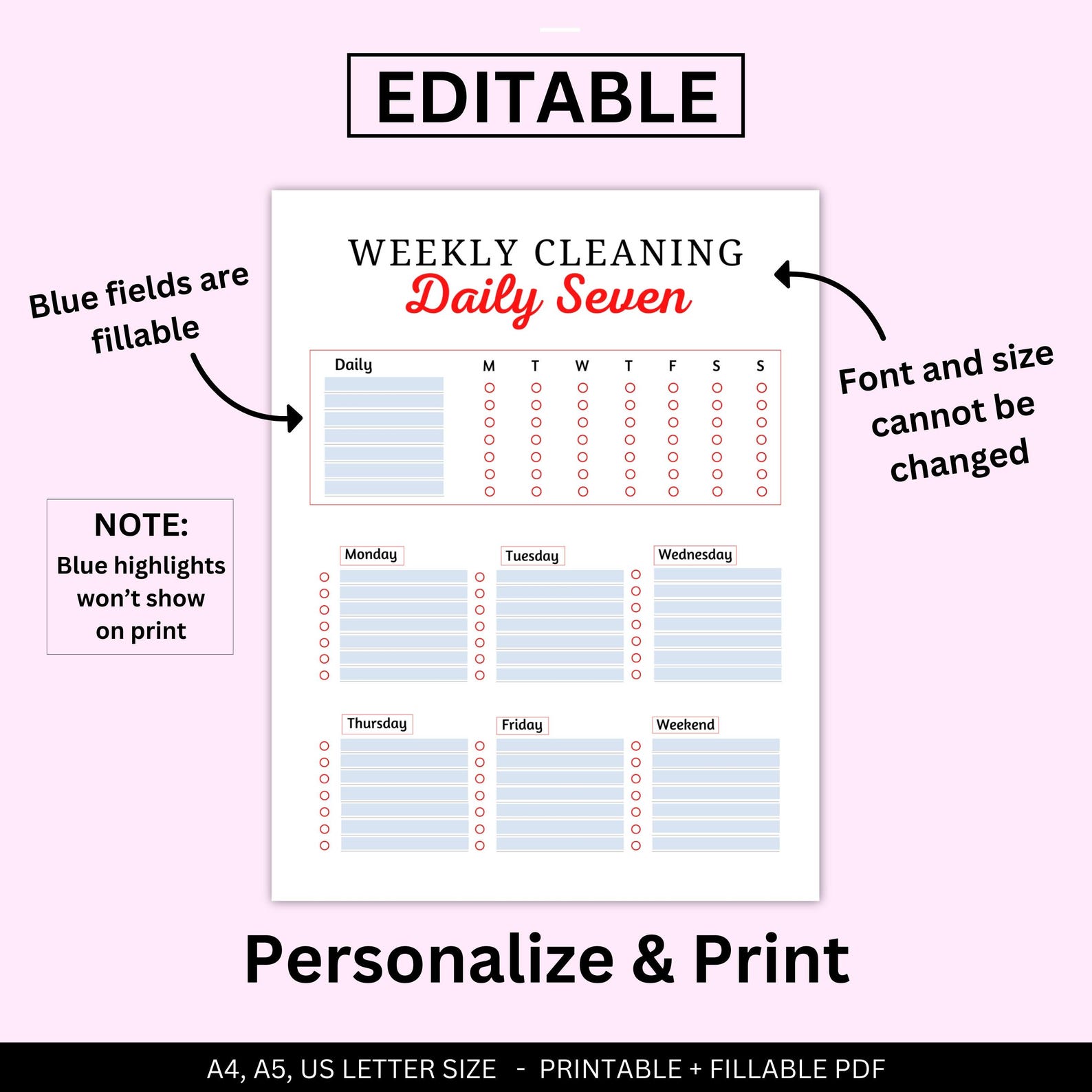 Editable Daily SEVEN Cleaning Planner, Weekly Cleaning Schedule, Chore ...