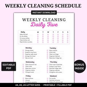 Editable Daily FIVE Cleaning Planner, Weekly Cleaning Schedule, Chore ...