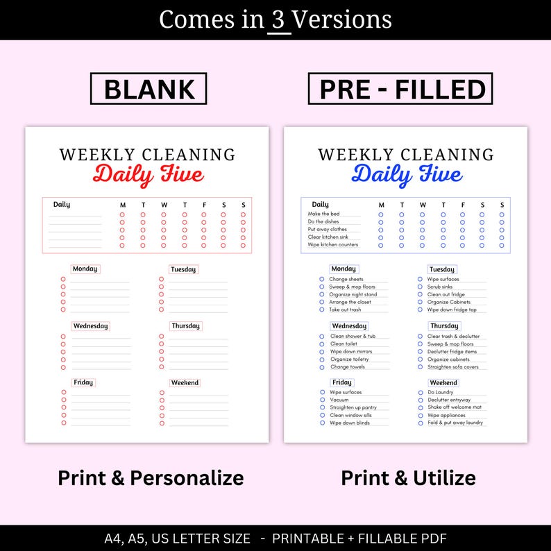 Editable Daily FIVE Cleaning Planner, Weekly Cleaning Schedule, Chore ...