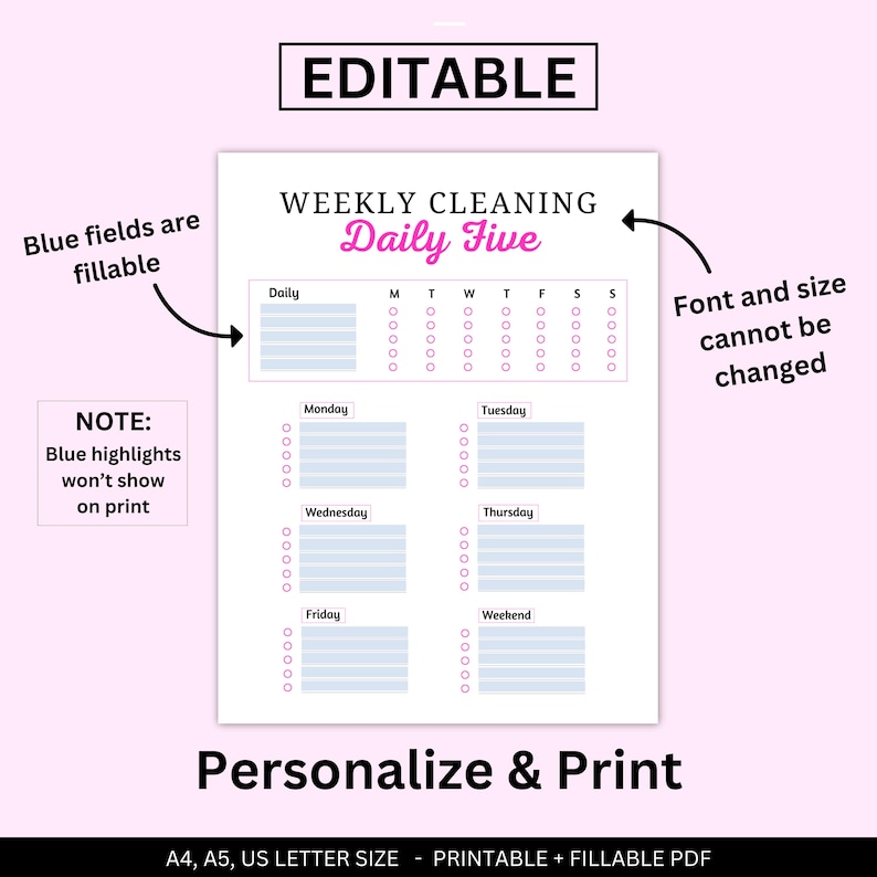 Editable Daily FIVE Cleaning Planner, Weekly Cleaning Schedule, Chore ...