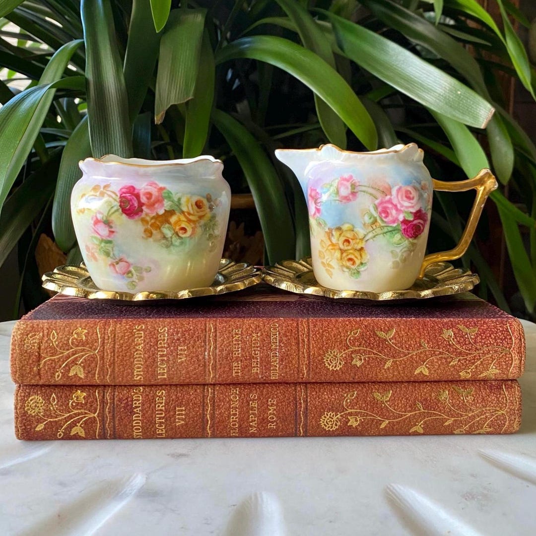 Antique Bavaria Hand Painted Floral + Gilded Gold Porcelain Cream and ...