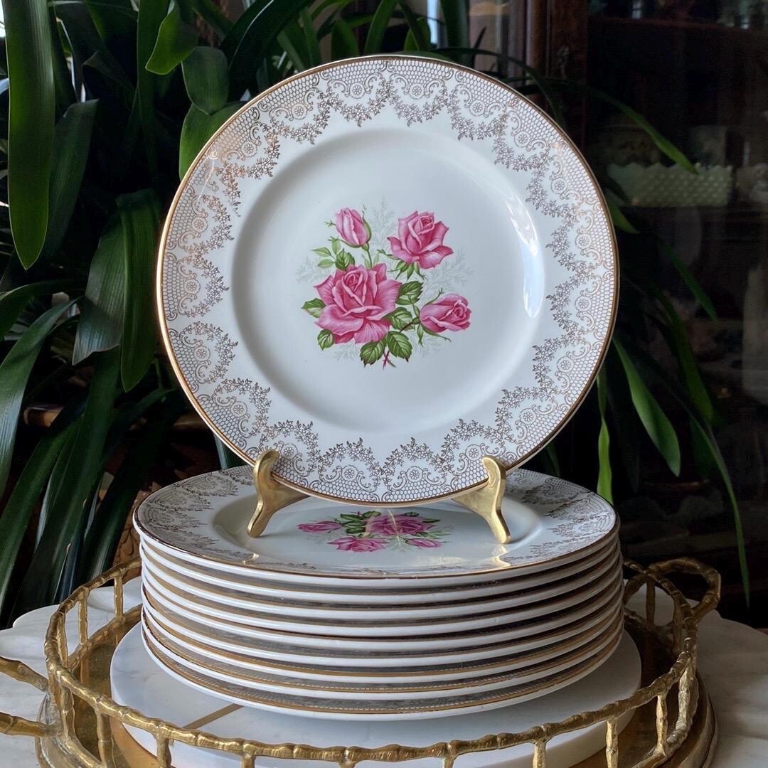 Rare 1940’s Set of 10 Swinnertons 8.75” Plates - Rose Florals + Gilded ...