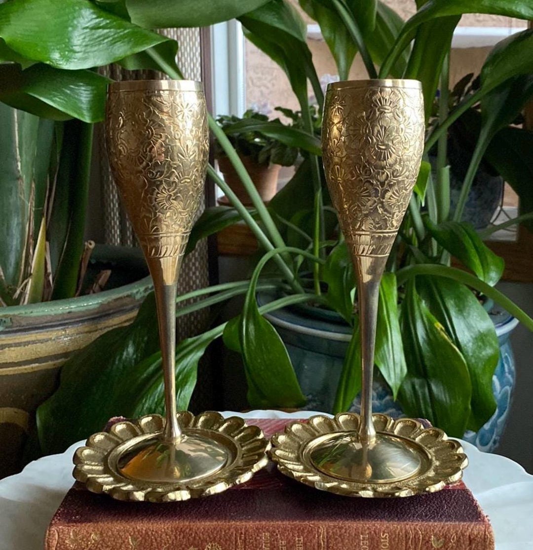 Vintage Solid Brass Champagne Flutes – Floral Engraved Goblets, Made in ...