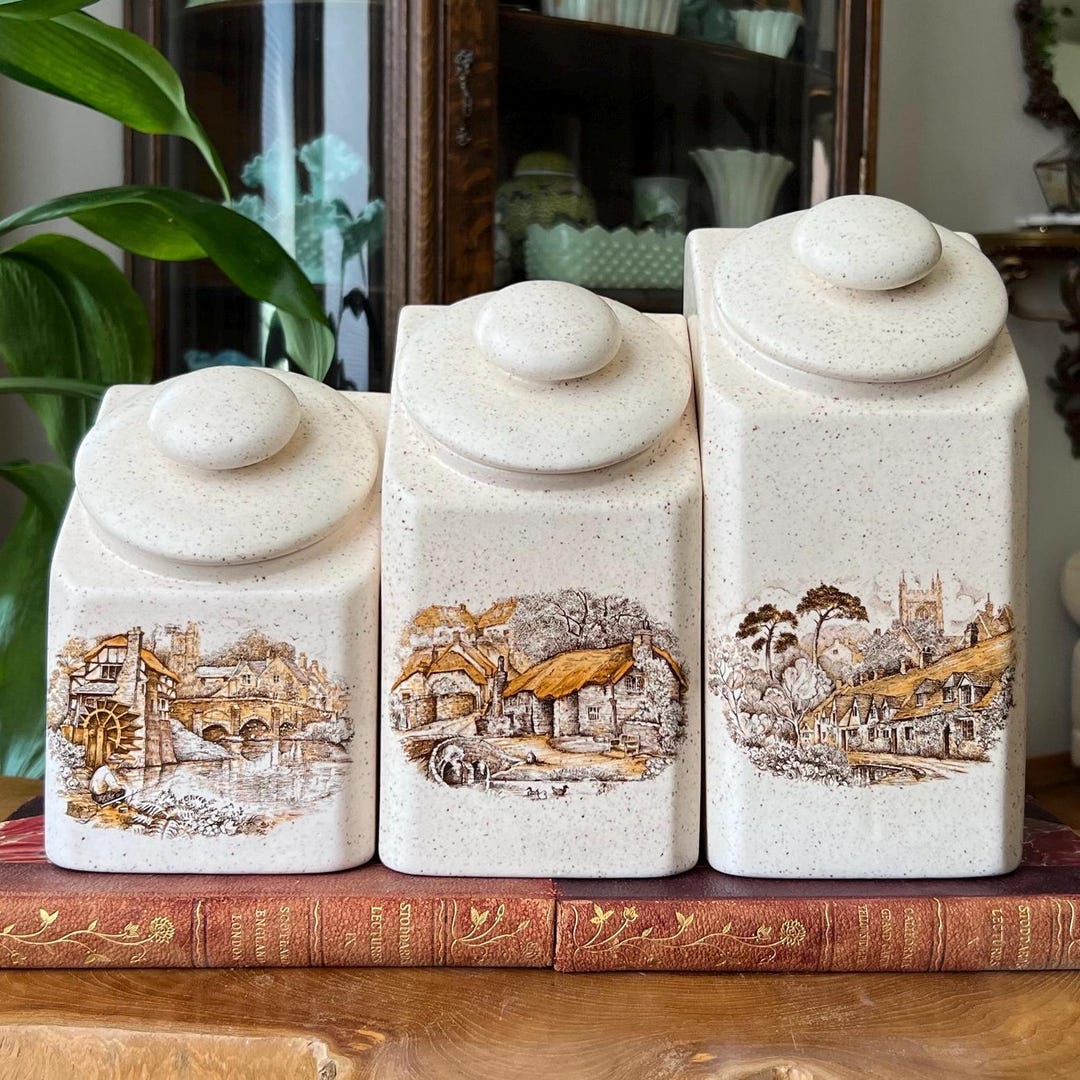 Vintage Set of 3 Country Cottage Style Square Angled Speckled Ceramic ...