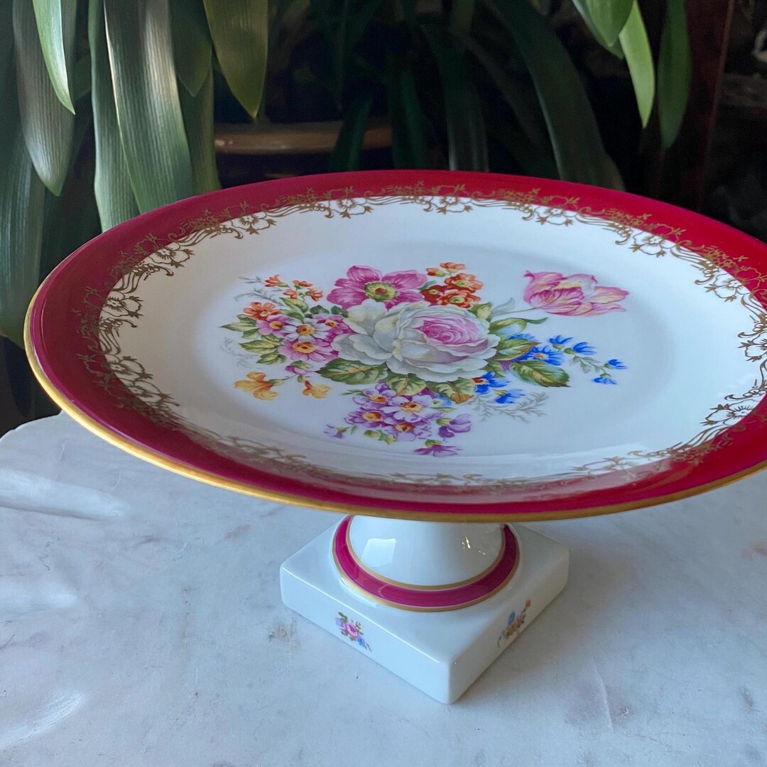 Vintage Limoges LEC France Floral + Gold Pedestal Serving Cake Plate ...