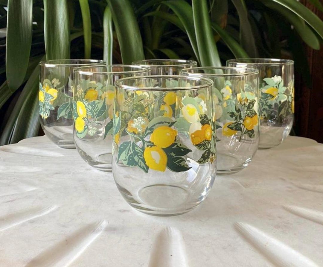 Set of 6 Tuscan Lemon Blossom Stemless Wine Glasses - Vintage Short ...