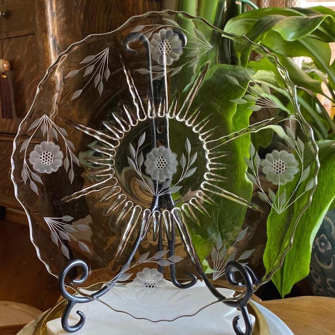 1930’s W.J. Hughes 11.5” Crystal Radiance Cornflower Etched Serving Tray Platter - Etsy