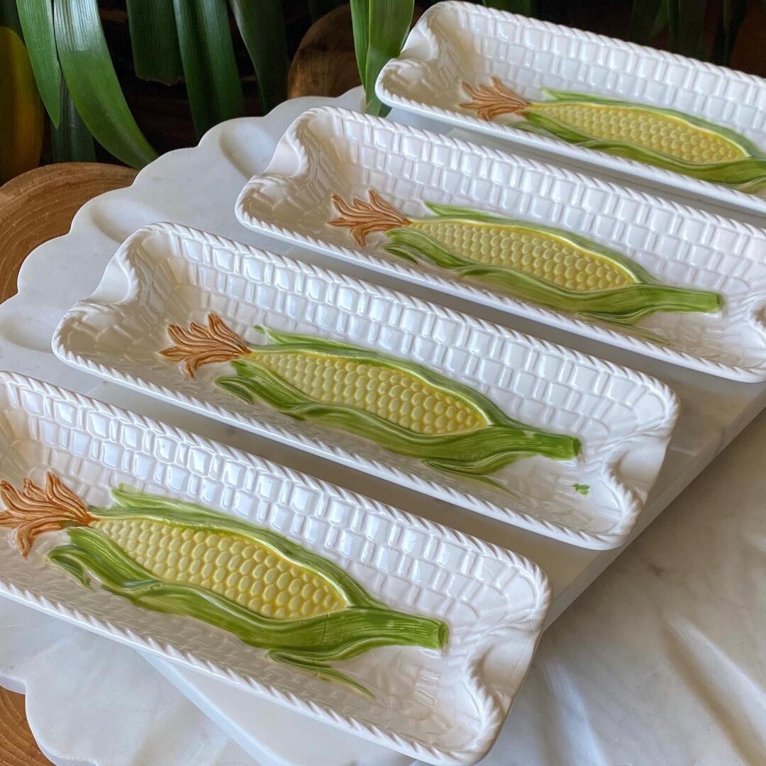 Vintage Set of 4 Corn on the Cob Plates - Ceramic Embossed Country ...