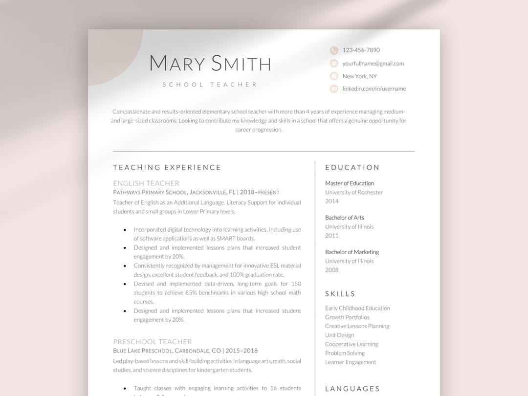 Teacher Resume Template for Word, Elementary School Teacher Resume ...