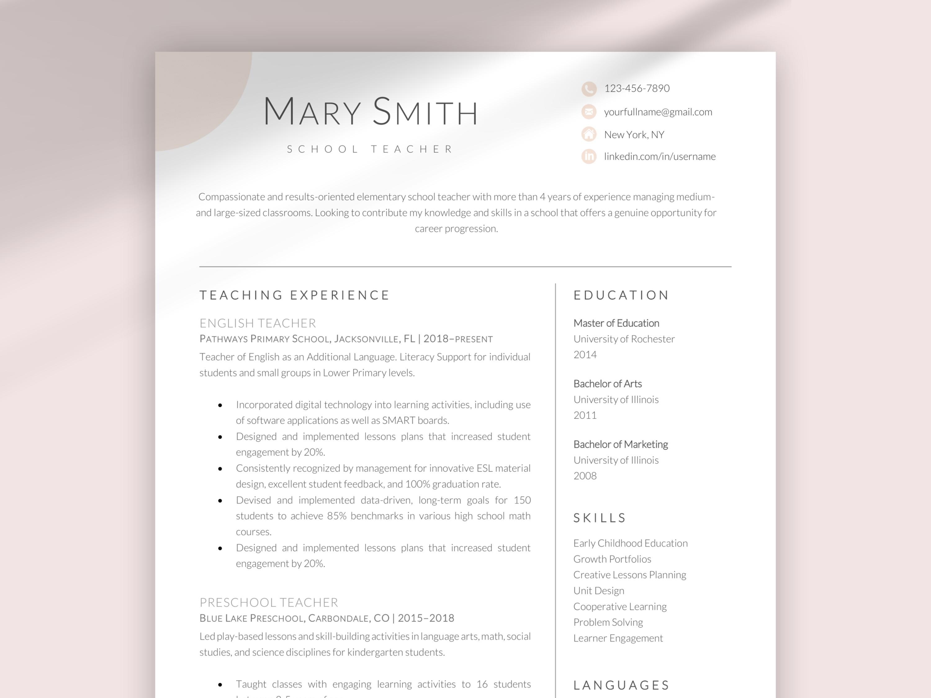 Teacher Resume Template for Word, Elementary School Teacher Resume ...