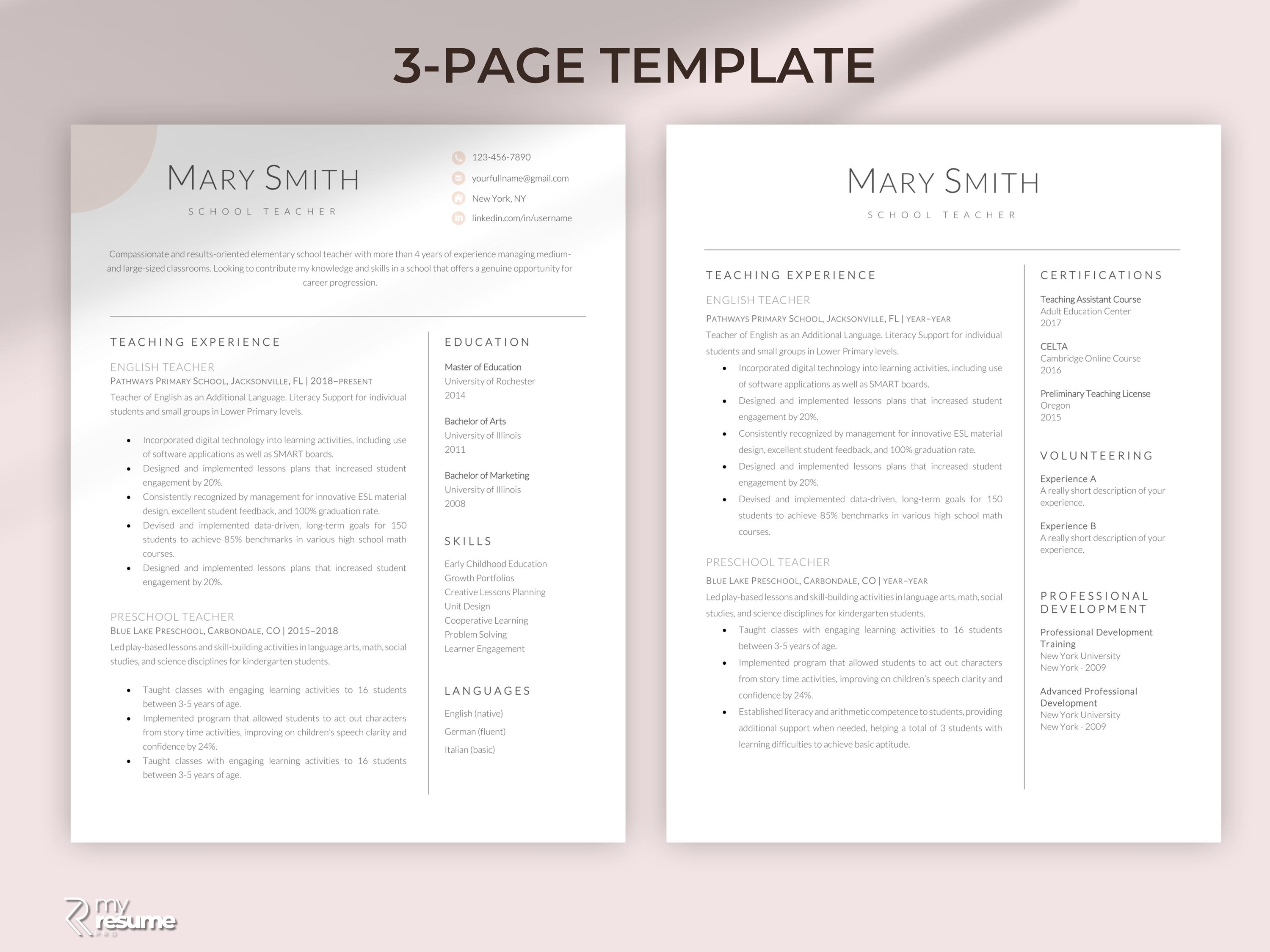 Teacher Resume Template for Word, Elementary School Teacher Resume ...