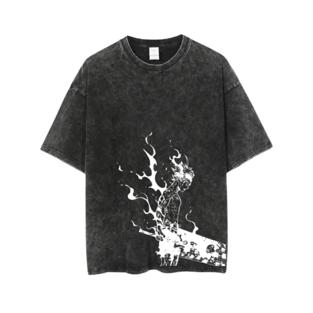 Anime Vintage Acid Wash Oversized Tee Pure Cotton Crew Neck Retro Print ...