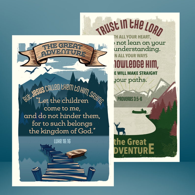 Set of 2 - Great Adventure Bible Verse Posters for Christian Wall Decor ...