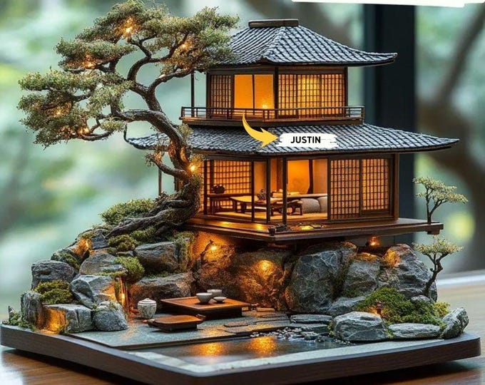 2D FLAT Japanese Tea House Diorama – LED Zen Garden House Model Decor ...