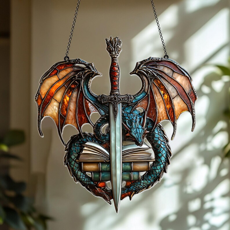 Dragon Wrapped Sword Faux Stained Glass Suncatcher – Acrylic Window ...