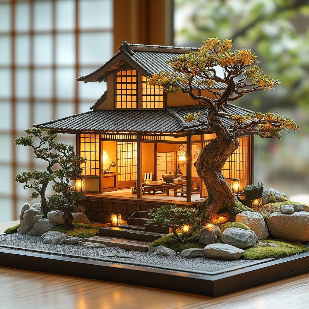 2D FLAT Japanese Zen House Diorama – Shoji Home With Bonsai and Rock ...