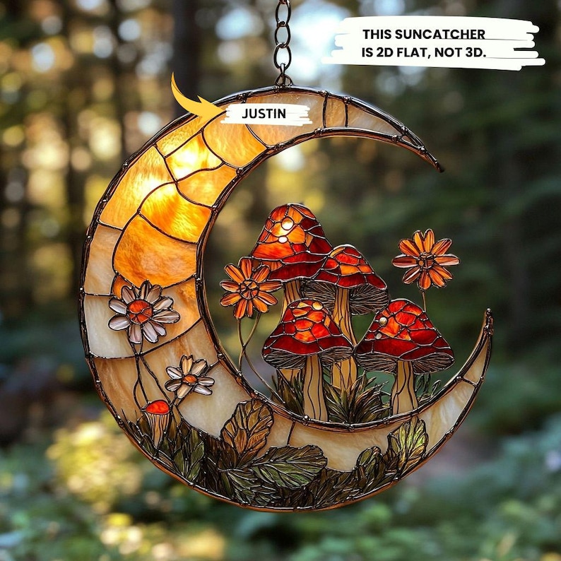 Crescent Moon Mushroom Acrylic Suncatcher - Faux Stained Acrylic Window ...