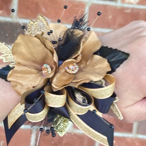 Prom Gold & Black Wrist Corsage, Custom Wrist Corsages, Artificial ...