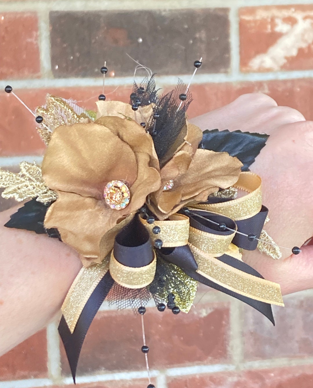 Prom Gold & Black Wrist Corsage, Custom Wrist Corsages, Artificial ...