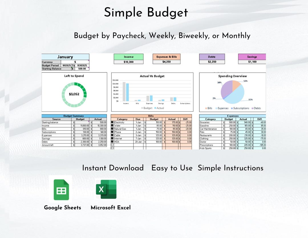 Simple Budget Planner Spreadsheet Multi-color Google Sheets & Excel ...