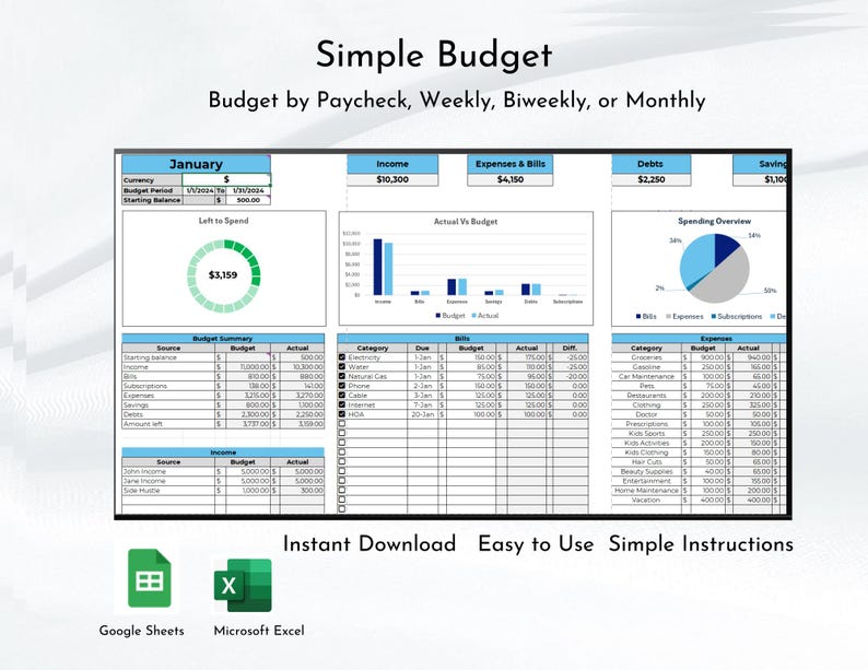 Simple Budget Planner Spreadsheet Blue - Etsy