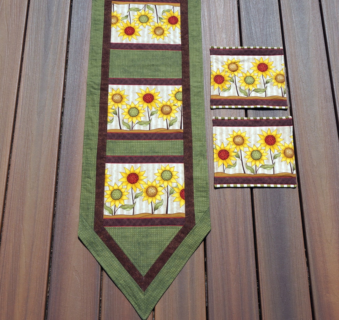 3 Pc Sunflower Table Runner & Snack Mat Set Reverses to Birds and White ...