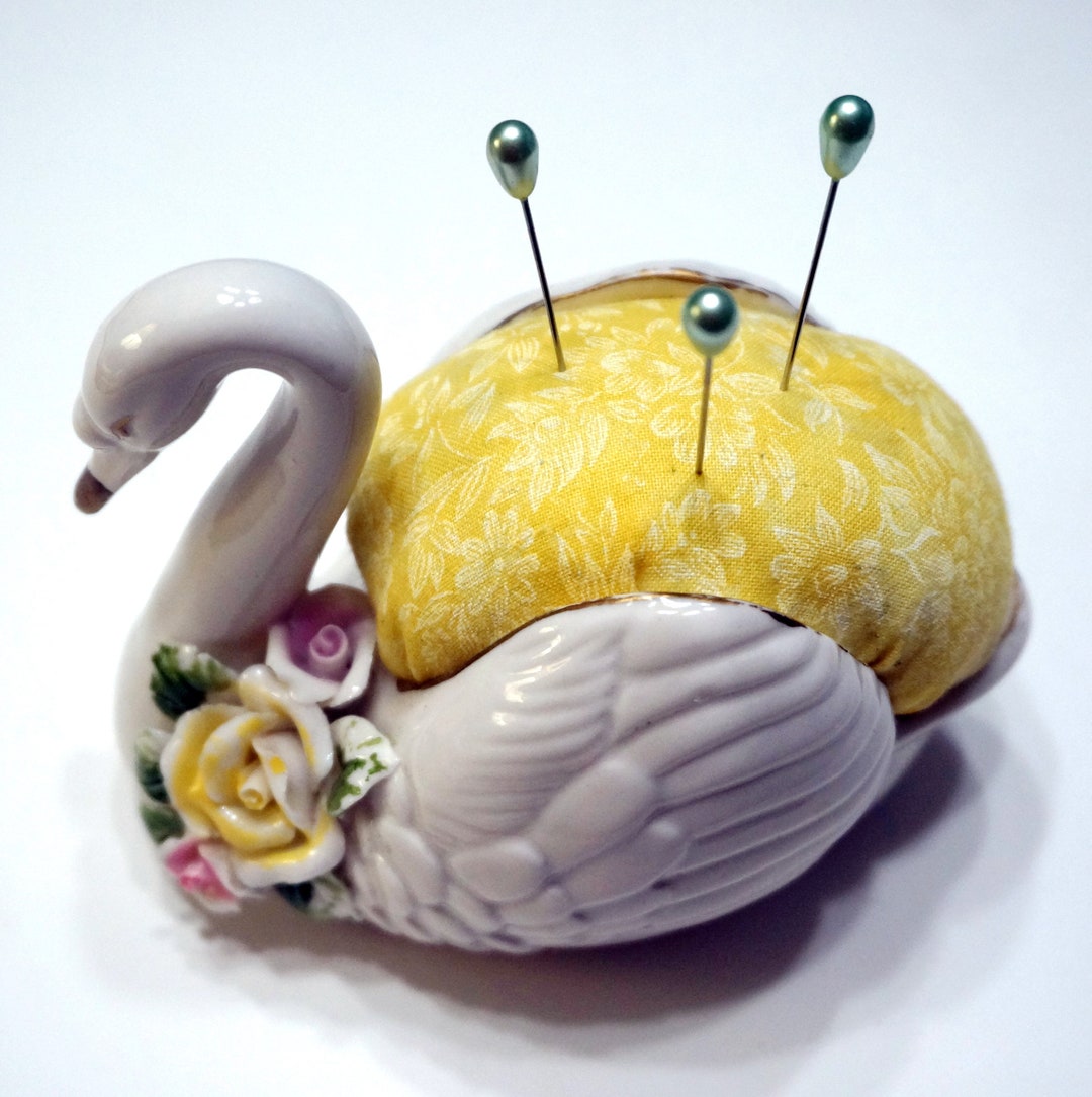 Swan Pin Cushion, Gold Highlighted Swan With Hand Painted Yellow & Pink ...