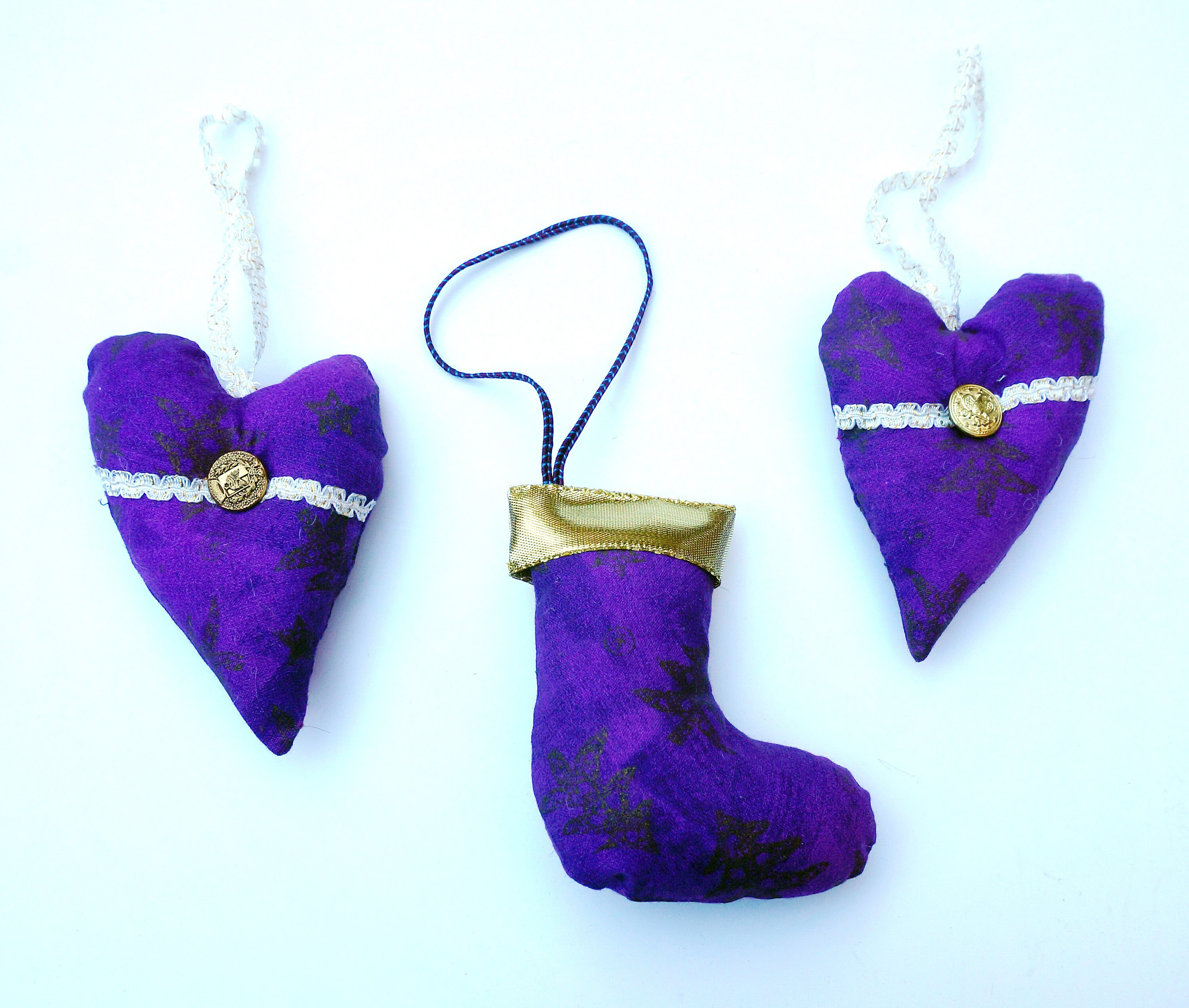 3 Piece Set of Purple and Gold Christmas Tree Ornaments, 2 Hearts and 1 ...
