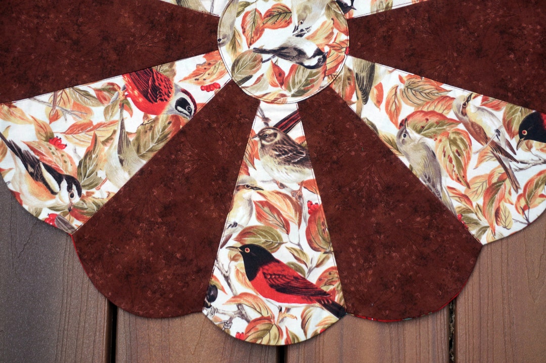21" Birds and Fall Leaves Table Topper Reverses to Christmas Holly ...
