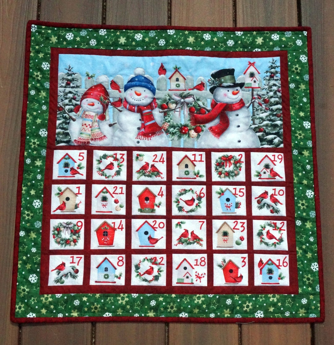 Detail Quilted Advent Calendar Snowmen, Birdhouses & Trees, Advent ...