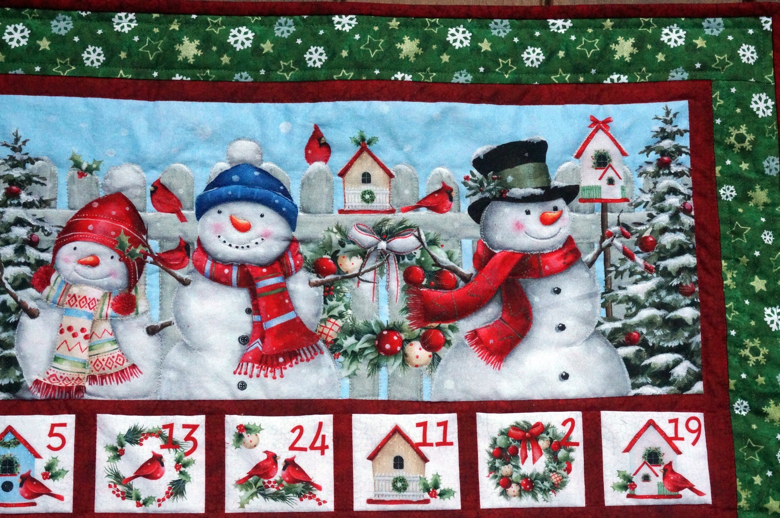 Detail Quilted Advent Calendar Snowmen, Birdhouses & Trees, Advent ...