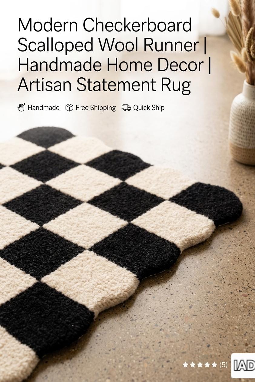 Black and Cream Checkered Runner Rug – Hand Tufted Wavy Edge Hallway ...