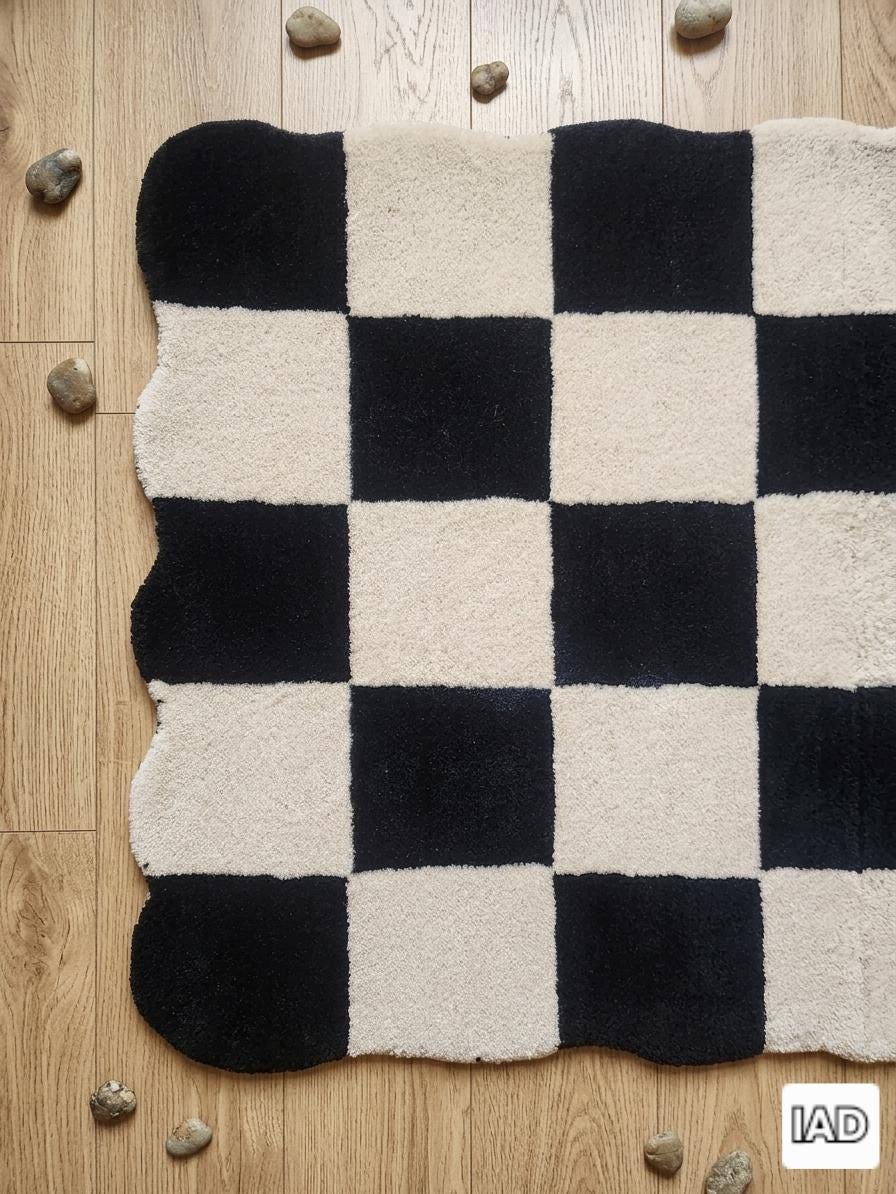 Black and Cream Checkered Runner Rug – Hand Tufted Wavy Edge Hallway ...