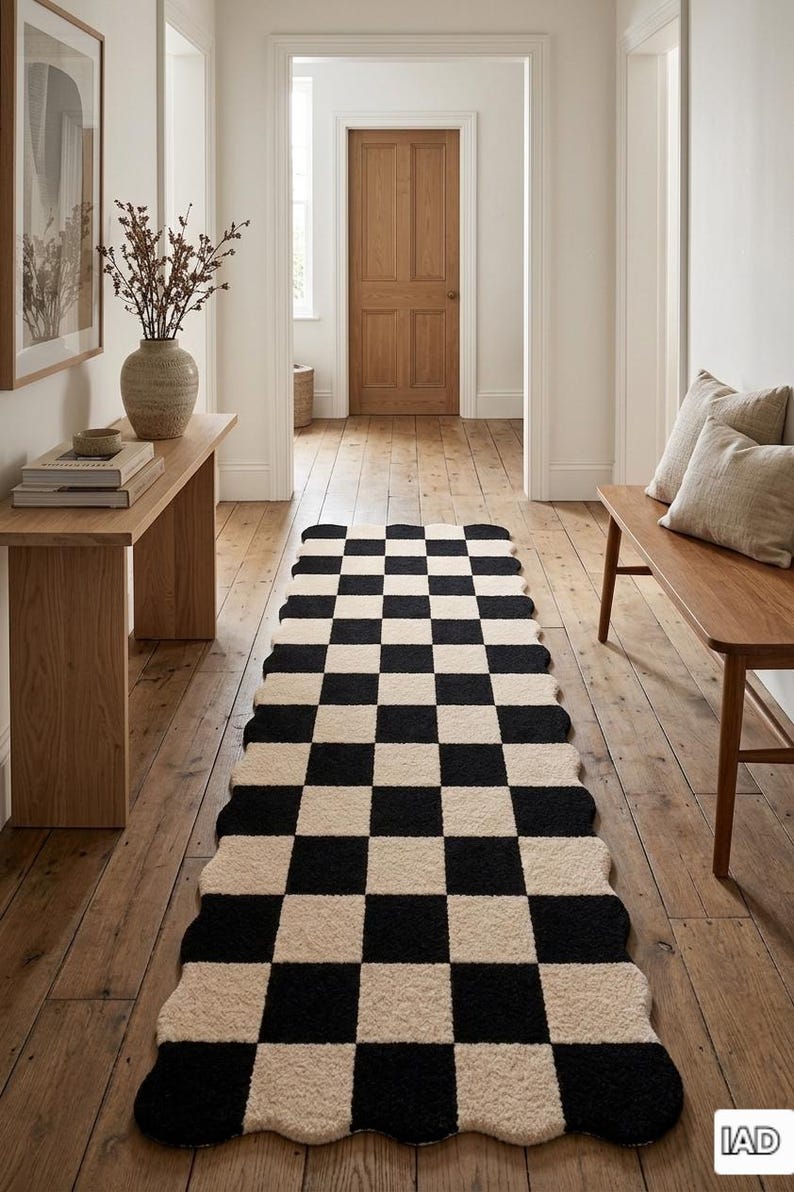 Black and Cream Checkered Runner Rug – Hand Tufted Wavy Edge Hallway ...