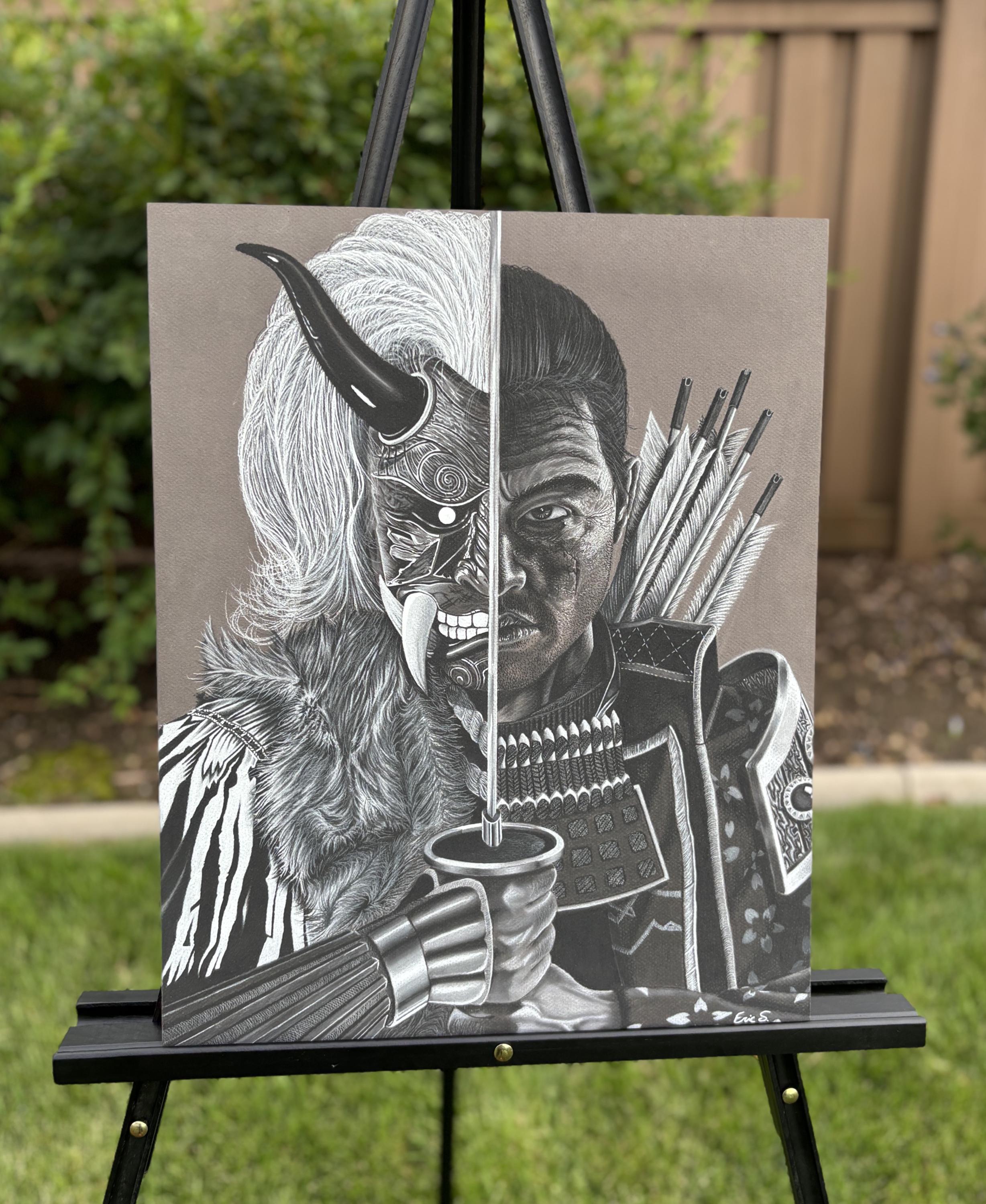 Charcoal Drawing Samurai and Oni Warrior Cultural Professional Prints ...