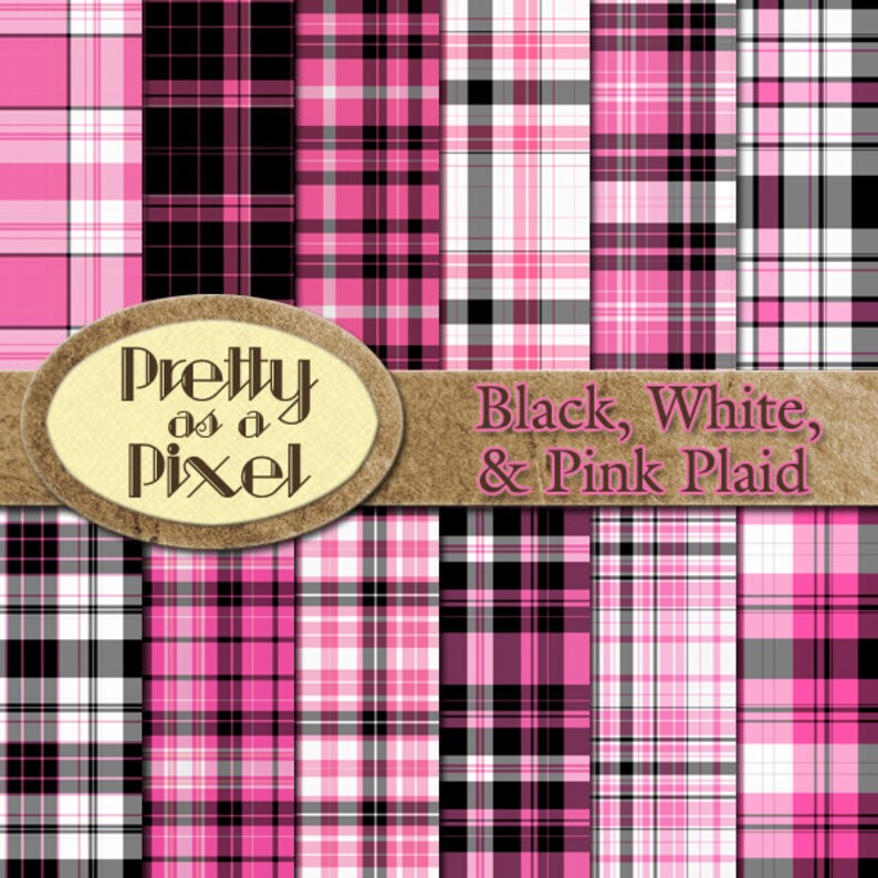 Digital Paper Pack Black White & Pink Plaid Scrapbooking - Etsy