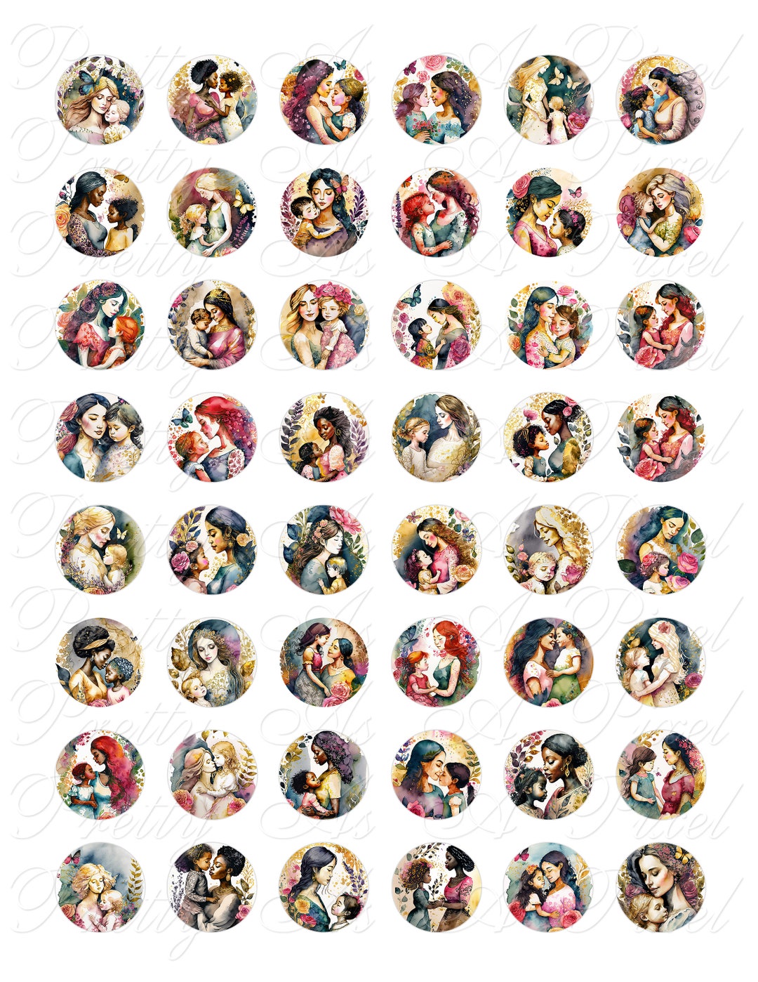 Watercolor Mother and Child - One Inch Circles - Digital Collage Sheet ...