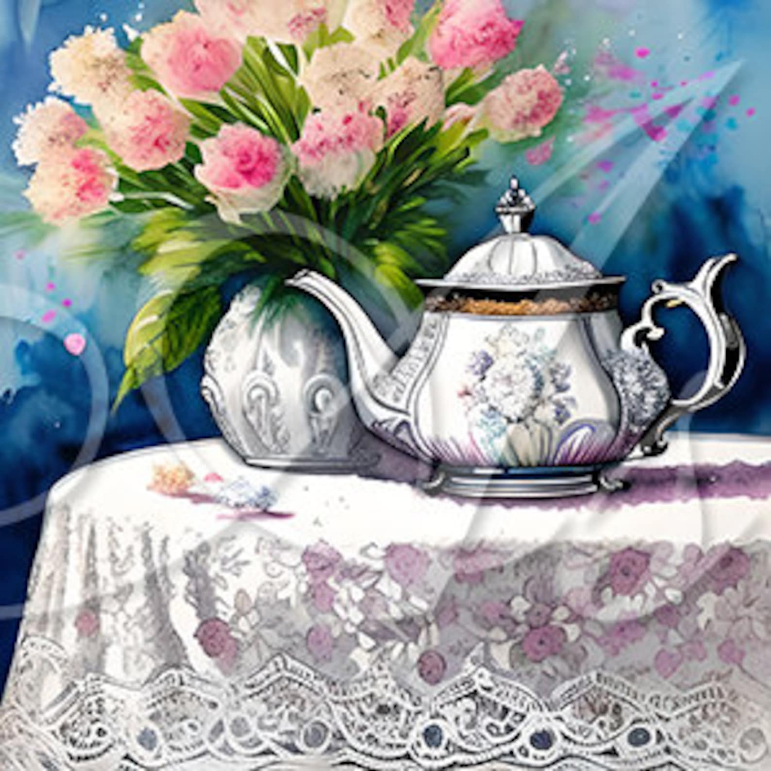 Watercolor Fancy Teapots & Roses - 2 Sizes - Inchies and Scrabble Tile ...