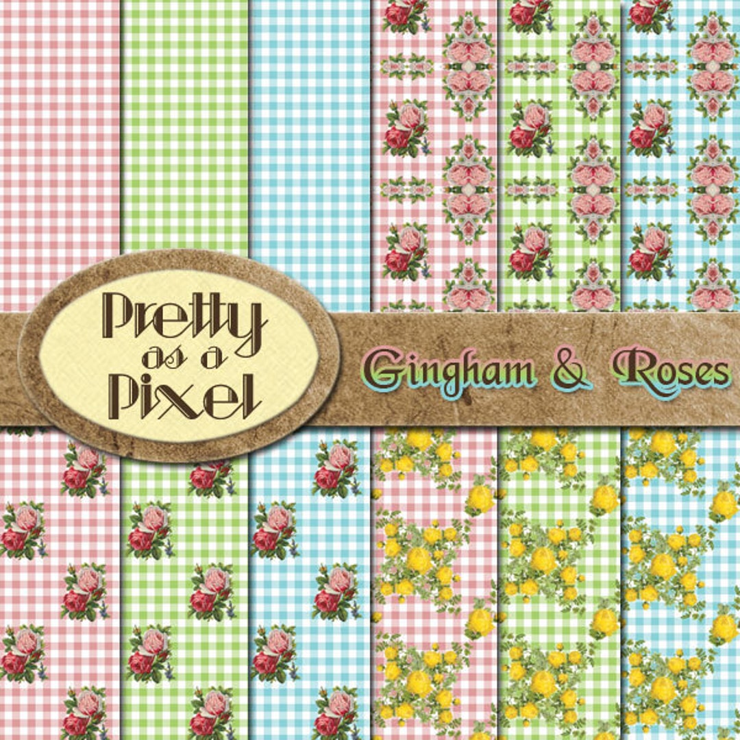 Gingham & Roses - Digital Paper Pack - Scrapbooking Backgrounds - 12 X ...