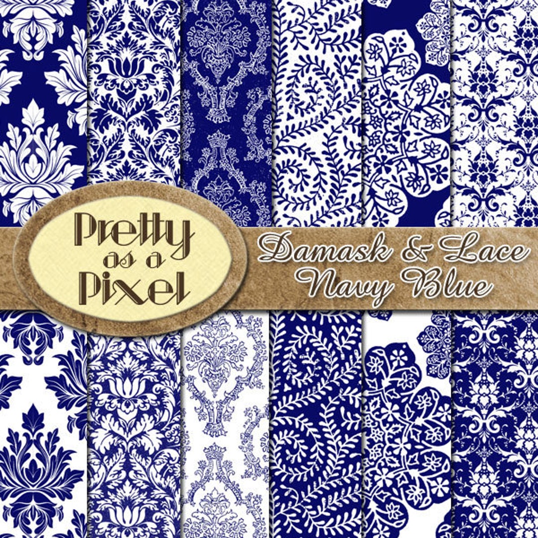 Damask & Lace - Navy Blue - INSTANT DOWNLOAD - Digital Paper Pack ...