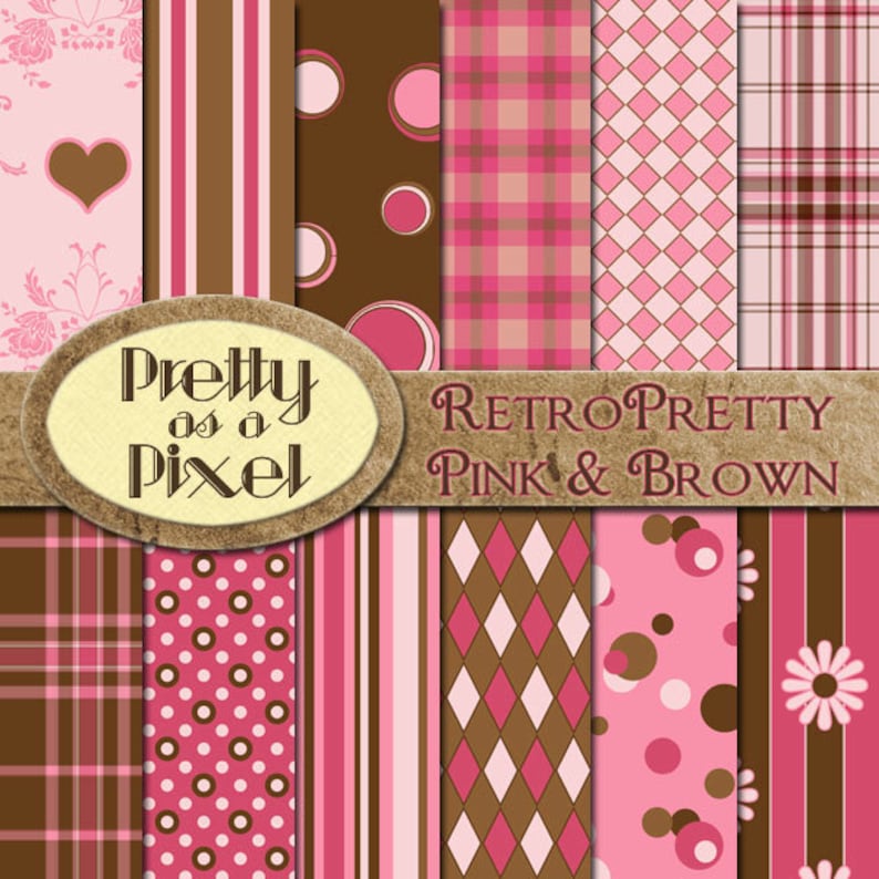 Retro Pretty Pink & Brown Digital Paper Pack INSTANT DOWNLOAD ...