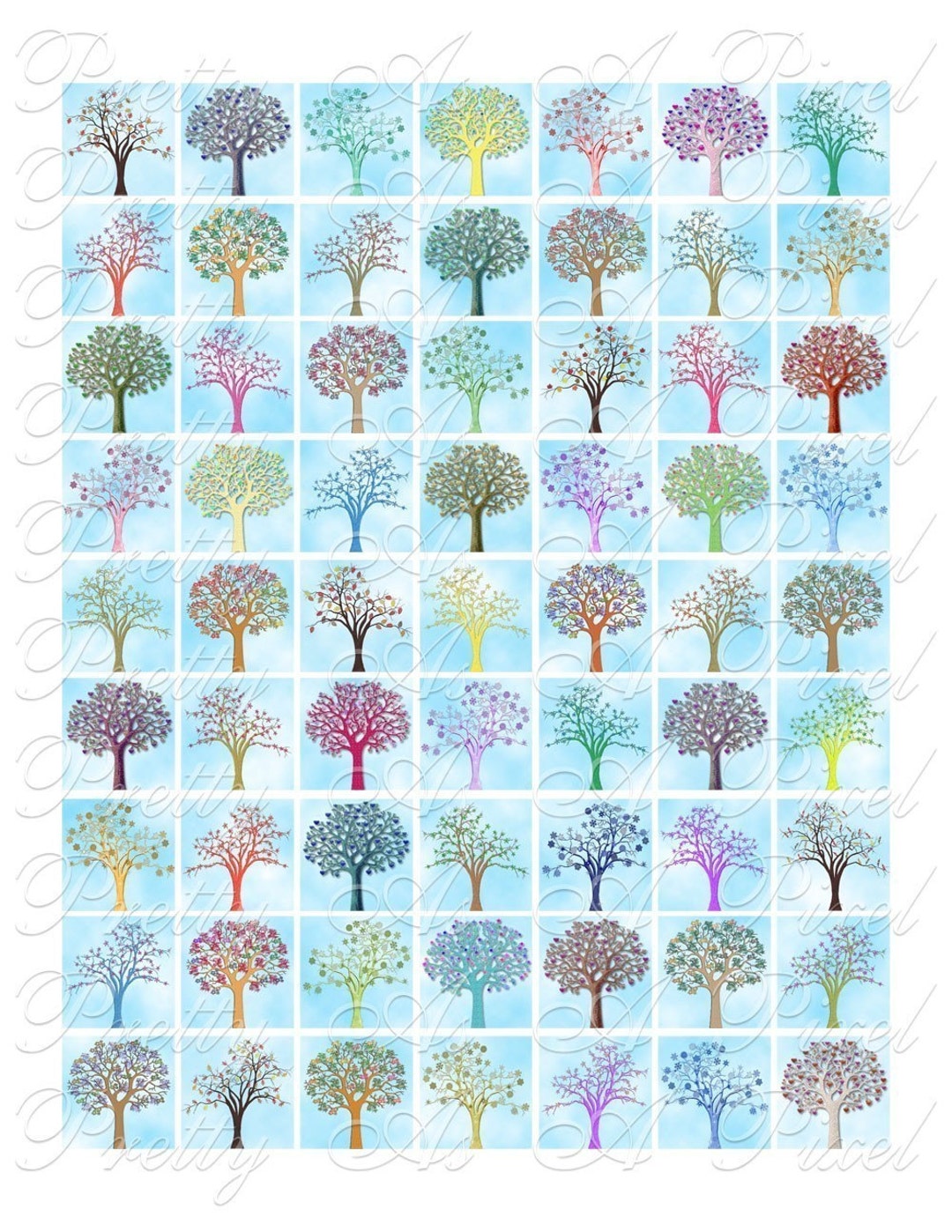 Fanciful Trees 1 - Inchies, 7-8 Inch, AND Scrabble Tile Size .75 X .83 Inch - Digital Collage ...